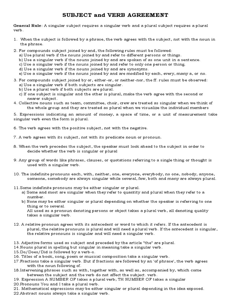 Subject-Verb Agreement Rules Explained | PDF | Grammatical Number | Plural