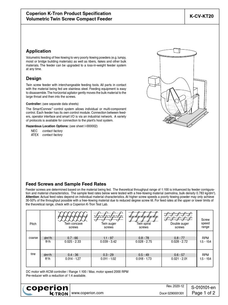 K-CV-KT20 Coperion K-Tron Product Specification Volumetric Twin Screw Compact Feeder | PDF ...