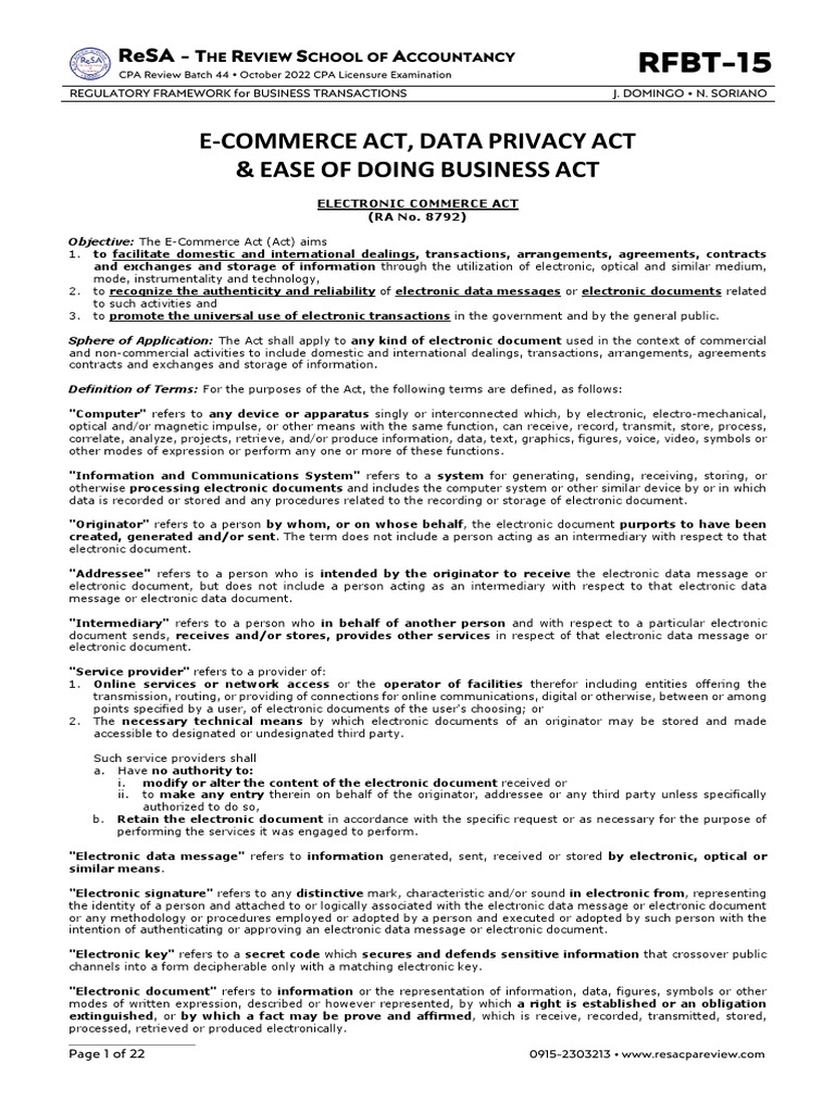 RFBT 15 E Commerce, Data Privacy & Ease of Doing Business | PDF | Authentication | Information