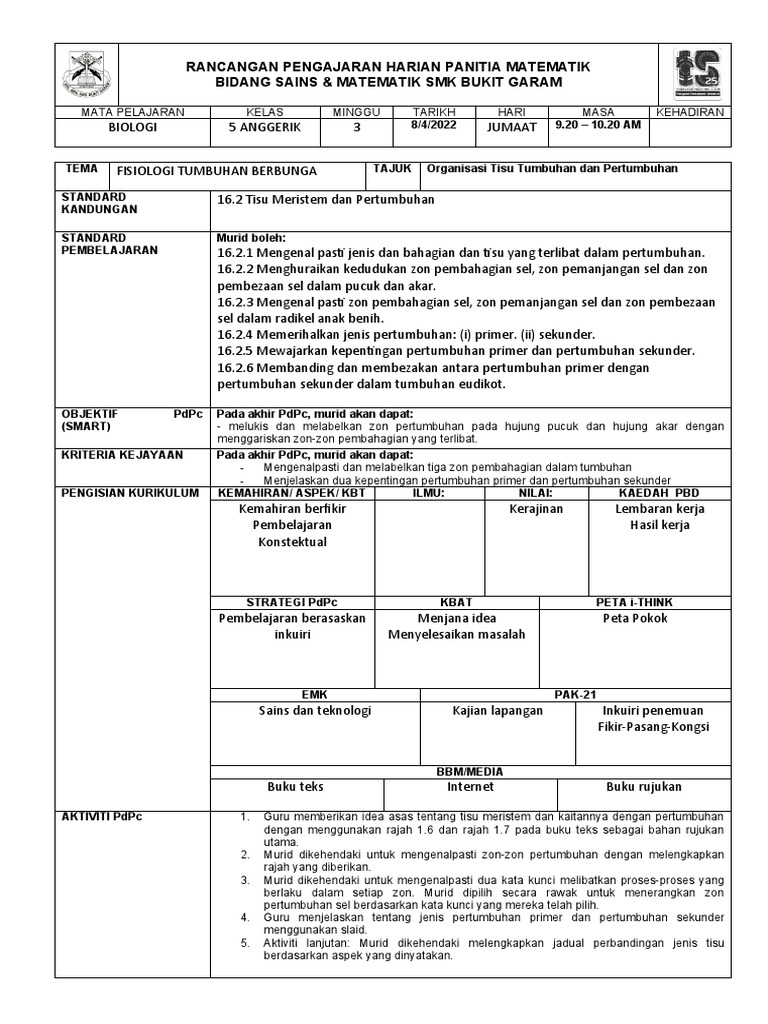RPH - KBAT - Biologi - 16.2 Tisu Meristem Dan Pertumbuhan | PDF