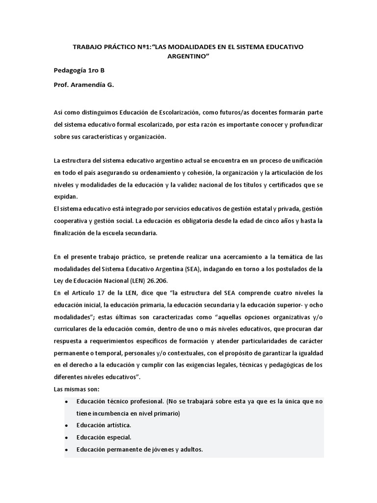Pedagogía - Trab PrácticoNº1 - LAS MODALIDADES EN EL SISTEMA EDUCATIVO ARGENTINO | PDF