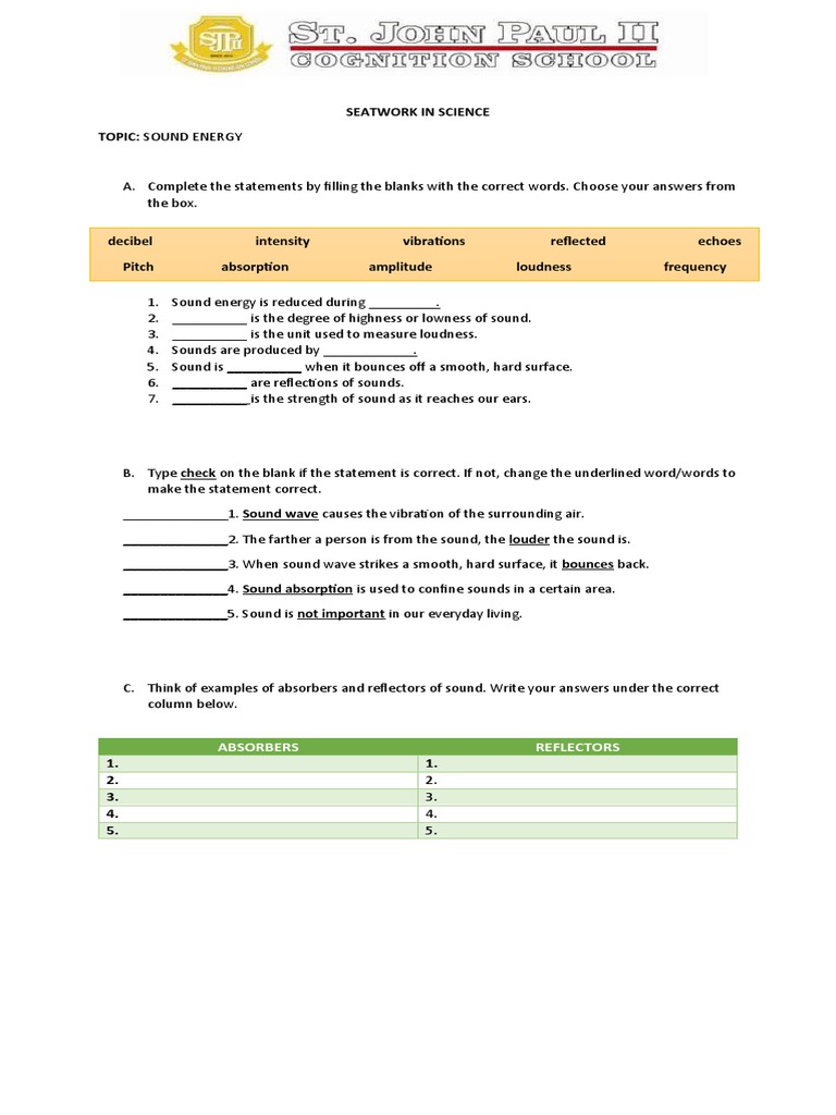 Sound Energy Worksheet for Grade 1 | PDF