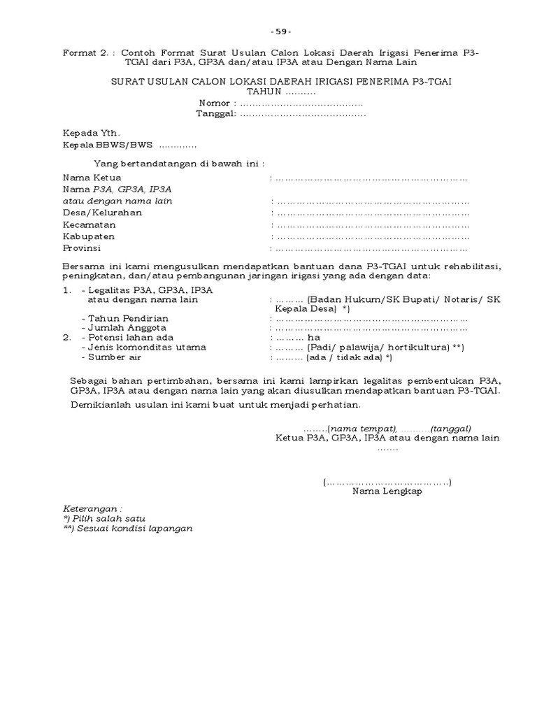 FORMAT 2 Surat Usulan Calon Lokasi Penerima P3-TGAI Dari P3A, GP3A Danatau IP3A Atau Dengan Nama ...
