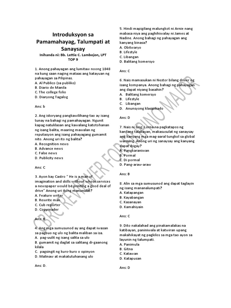 Introduksyon Sa Pamamahayag, Talumpati at Sanaysay - Drill PDF | PDF