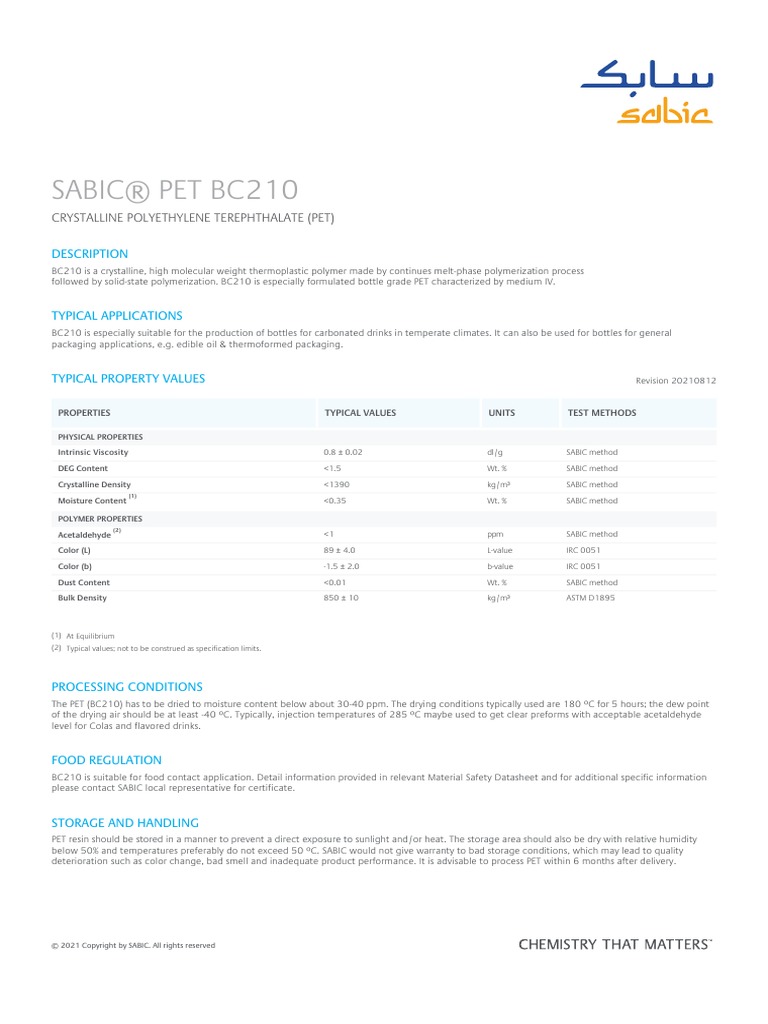 Sabic® Pet Bc210: Crystalline Polyethylene Terephthalate (Pet) | PDF ...