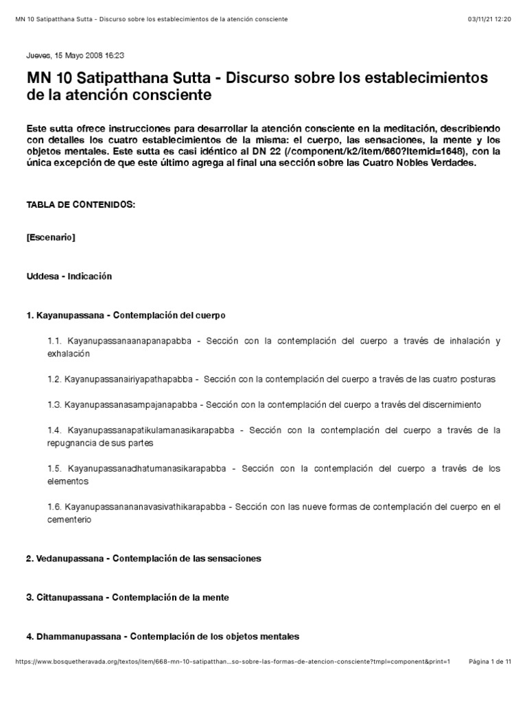 MN 10 Satipatthana Sutta - Discurso Sobre Los Establecimientos de La ... MN 10 Satipatthana Sutta - Discurso Sobre Los Establecimientos de La ...