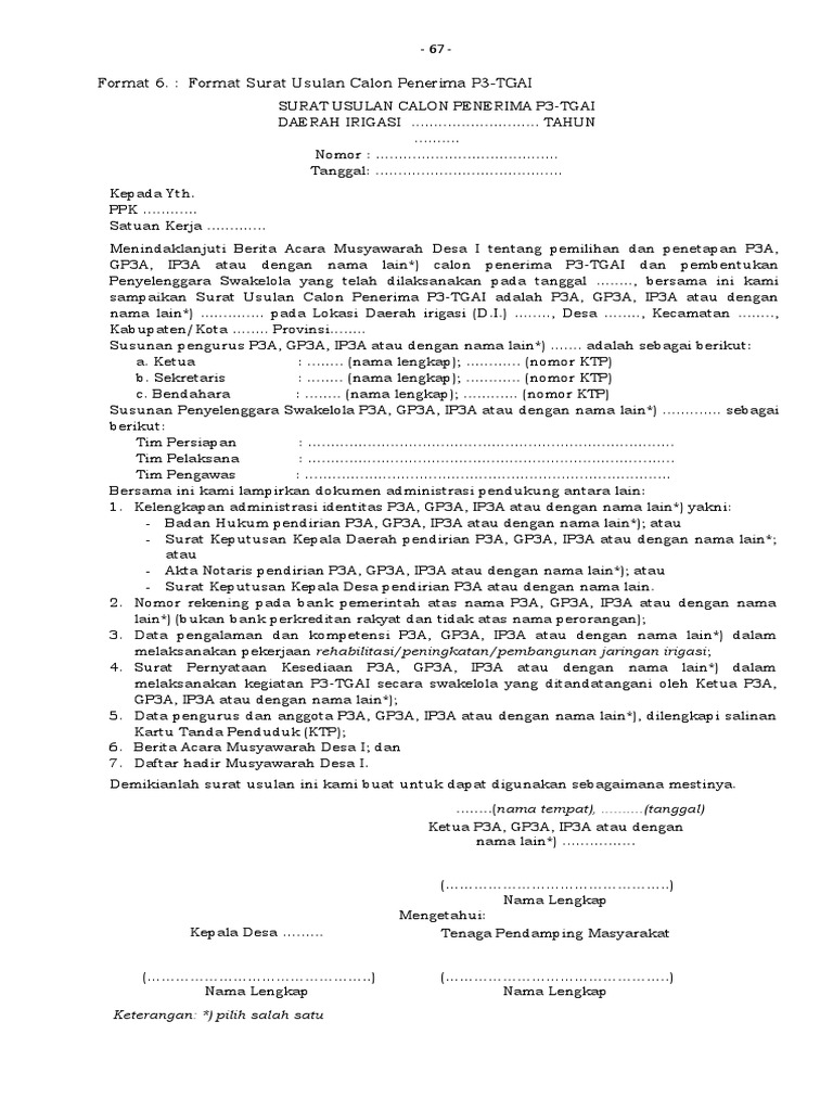 FORMAT 6 Format Surat Usulan Calon Penerima P3-TGAI-1 | PDF