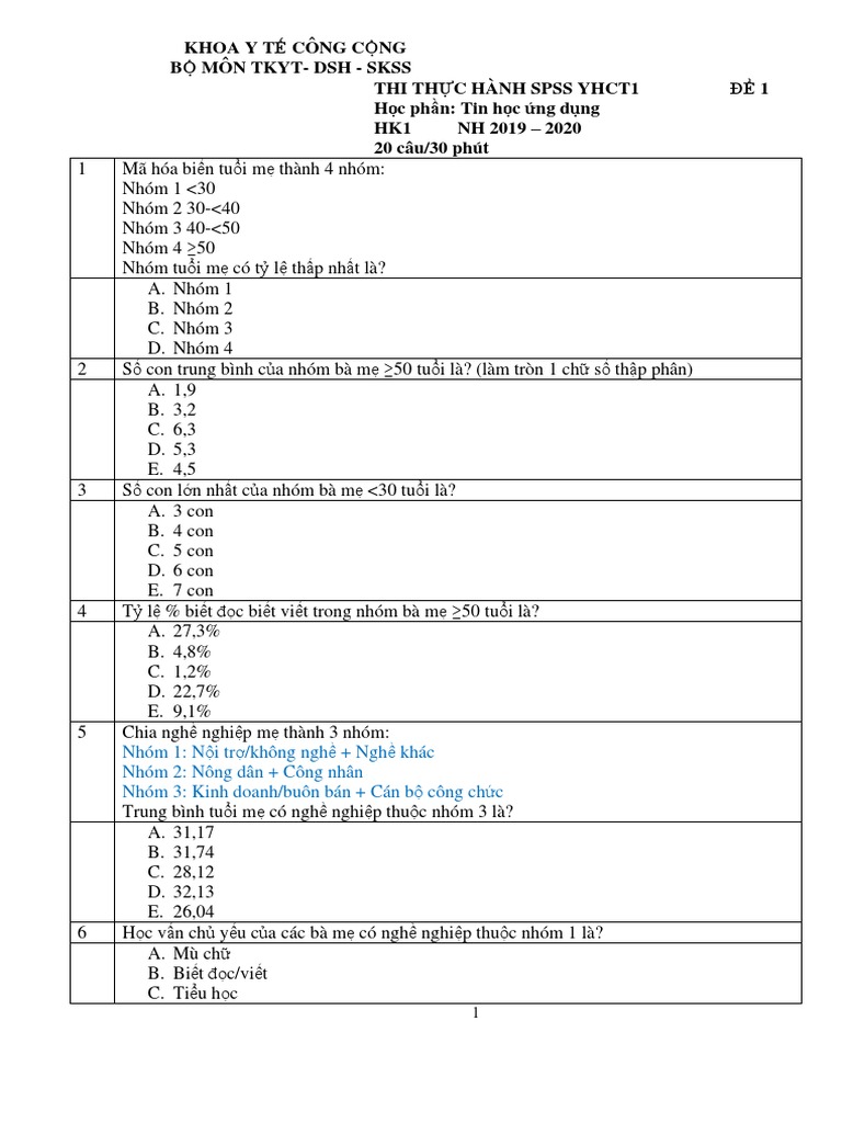 Thi TH SPSS YHCT1 de 1 | PDF