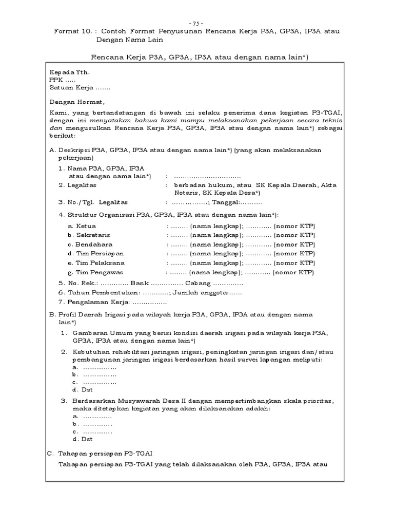 FORMAT 10 Contoh Format Penyusunan Rencana Kerja P3A, GP3A, Danatau IP3A Atau-1 | PDF