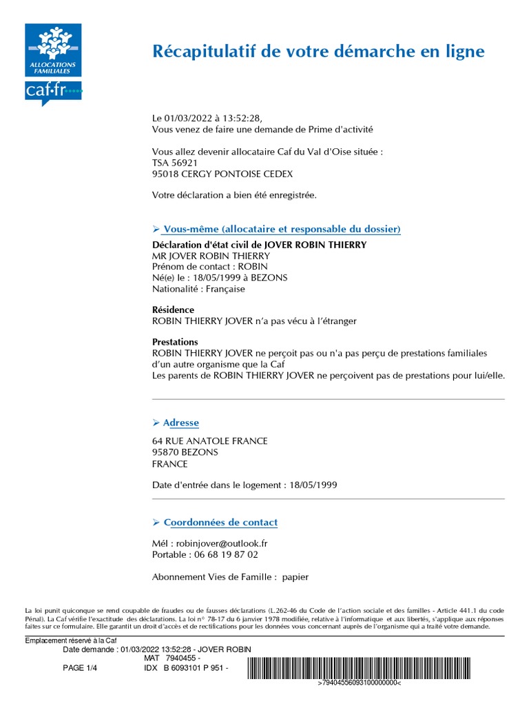 Demande de Prime d'activité de JOVER | PDF