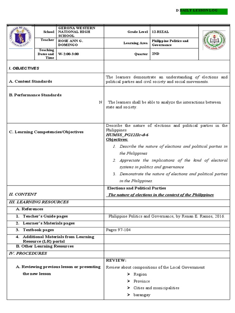 I. Objectives: D Daily Lesson Log | PDF | Learning | Teachers