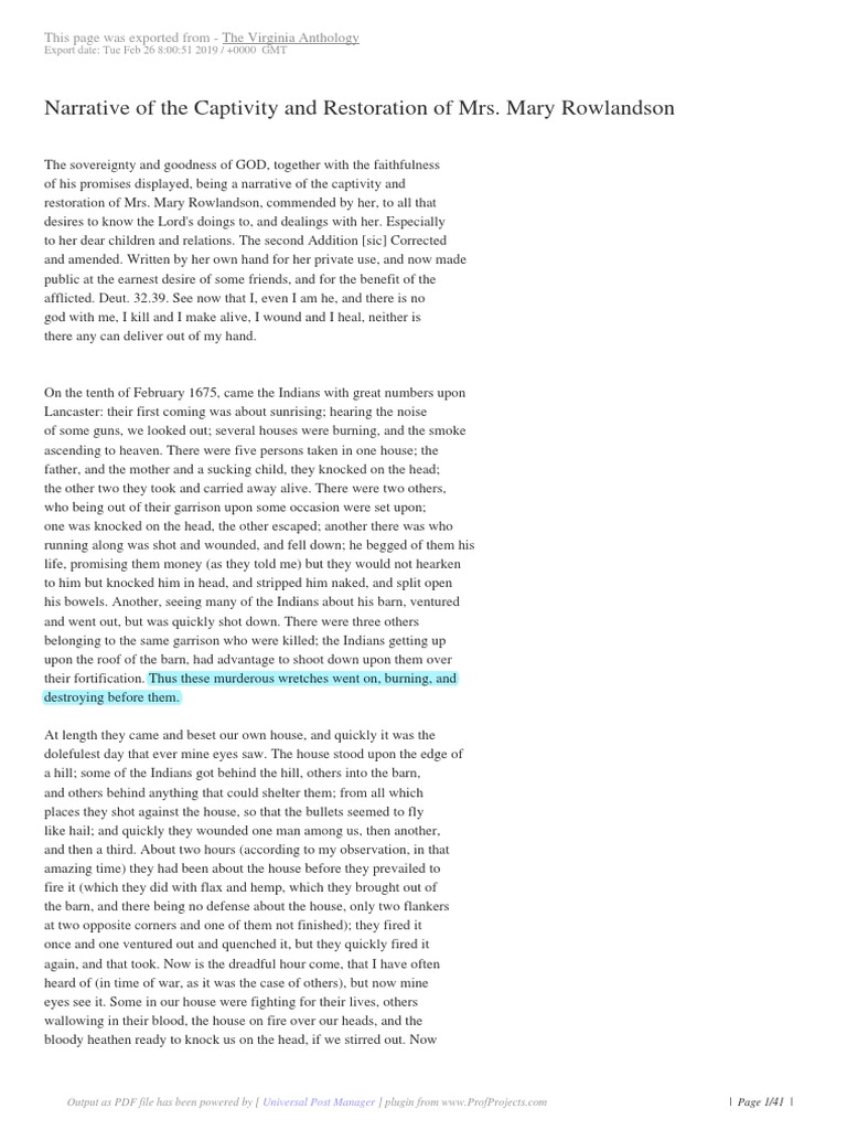 1 - Narrative of The Captivity and Restoration of Mrs. Mary Rowlandson ...