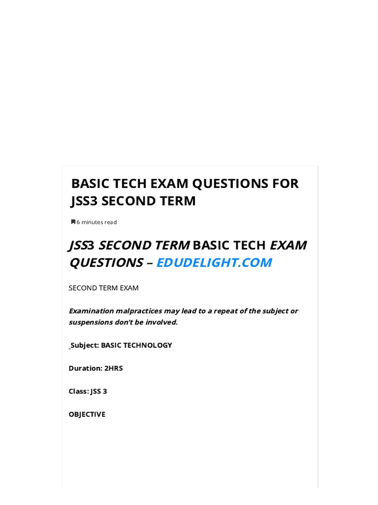 Basic Tech Exam Questions For JSS3 Second Term PDF | PDF | Electrical ...