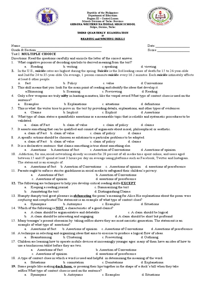 Third Quarter Exam: Reading & Writing Skills | PDF | Social Media ...