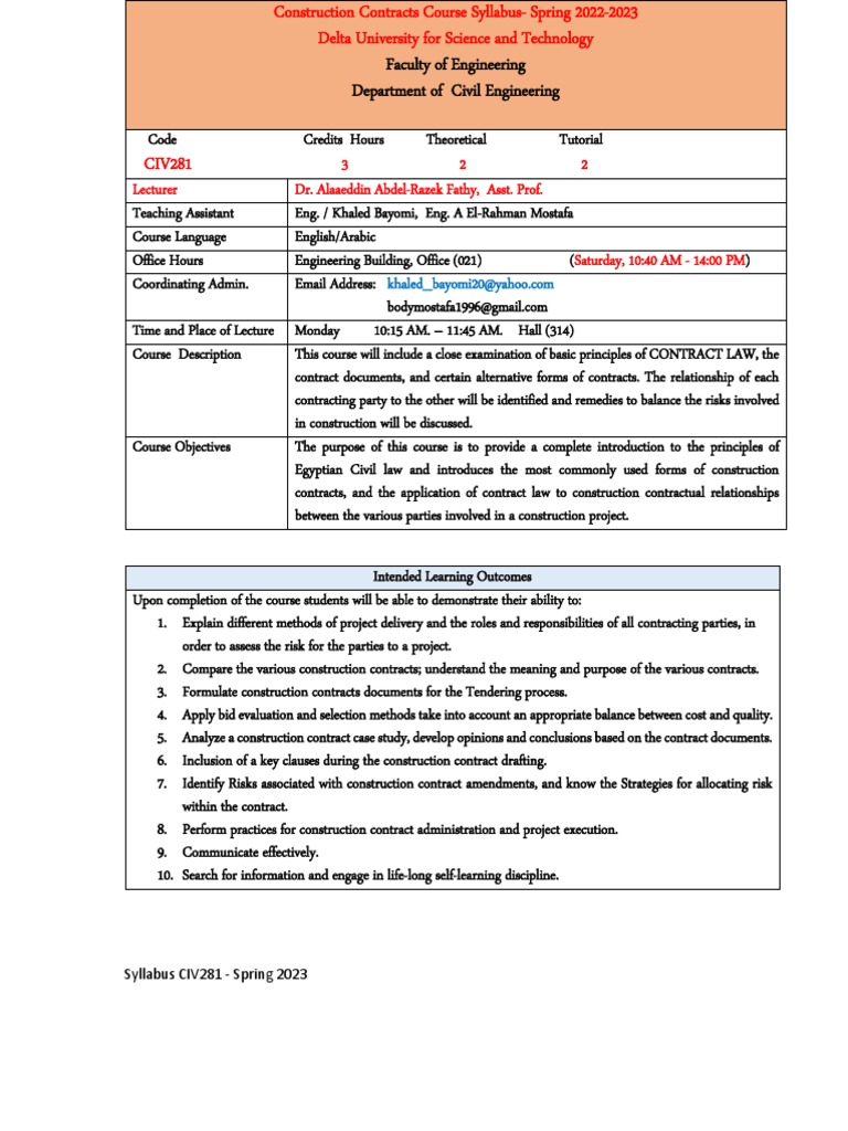 Dr. Alaa Construction Contracts Syllabus - Spring2023 PDF | PDF ...