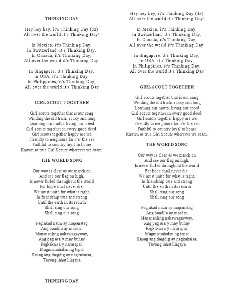 Thinking Day Ceremony Songs | PDF