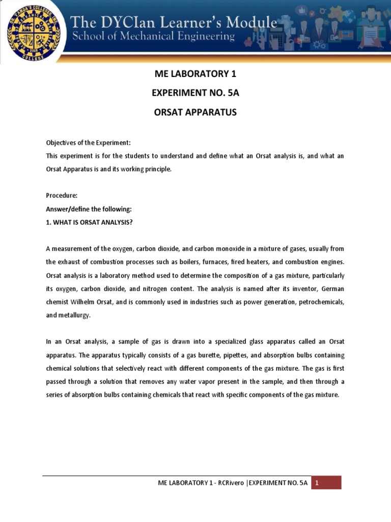 Me Laboratory 1 Experiment No. 5A Orsat Apparatus: Answer/define The Following: 1. What Is Orsat ...