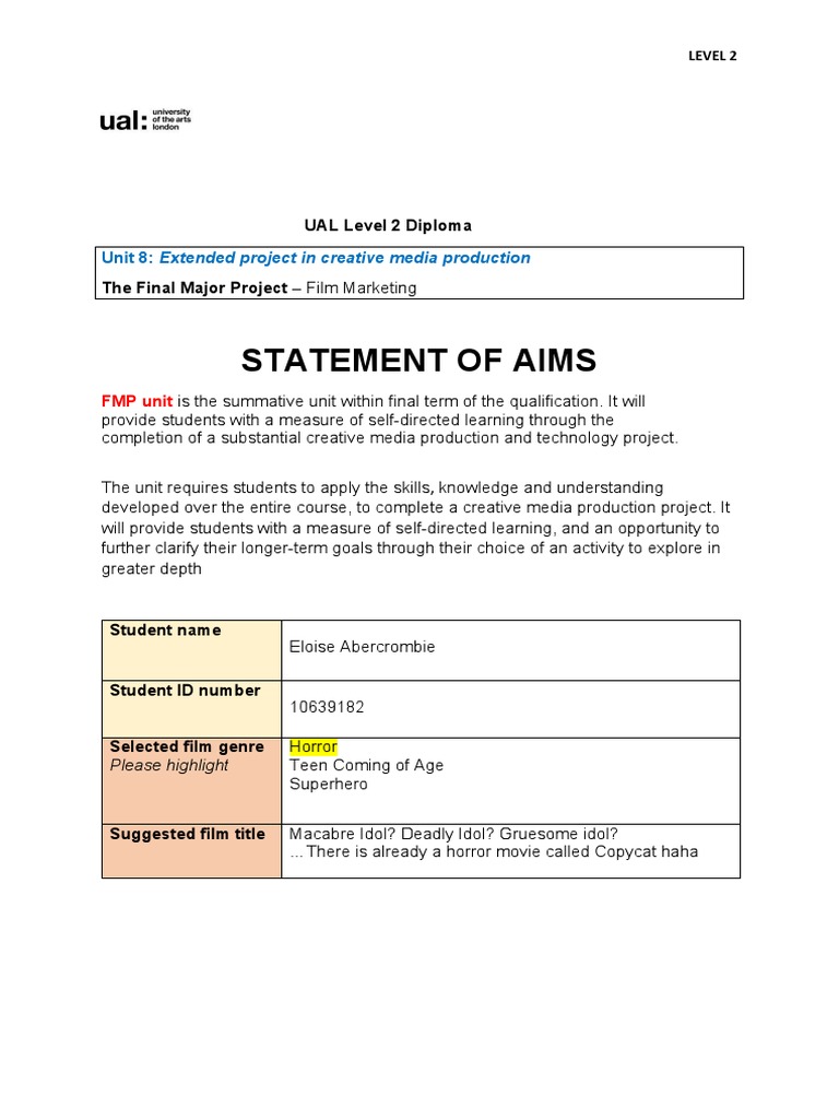 l2 Unit 8 Statement of Aims Draft | PDF | Animation | Horror Films