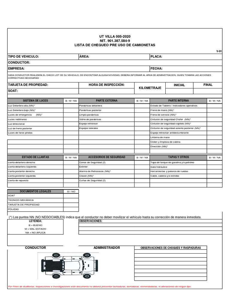 Lista de Chequeo Camioneta | PDF