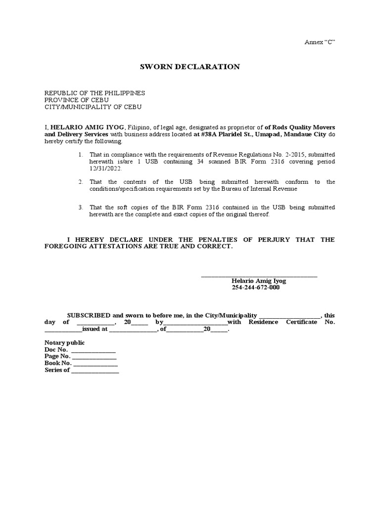 Annex C Sworn Declaration | PDF | Finance & Money Management