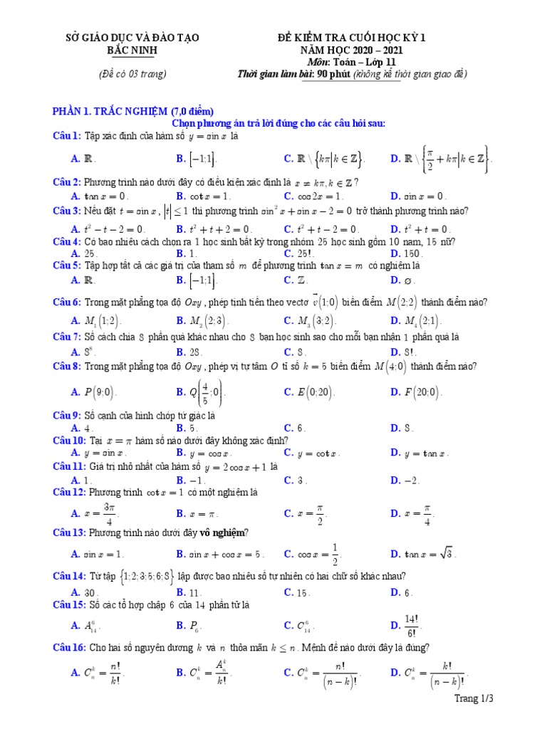 De Thi hk1 Toan 11 Nam Hoc 2020 2021 So GDDT Tinh Bac Ninh Trang 1 3,1 4 Trang 1 7,1 3,16,1 2,1 ...