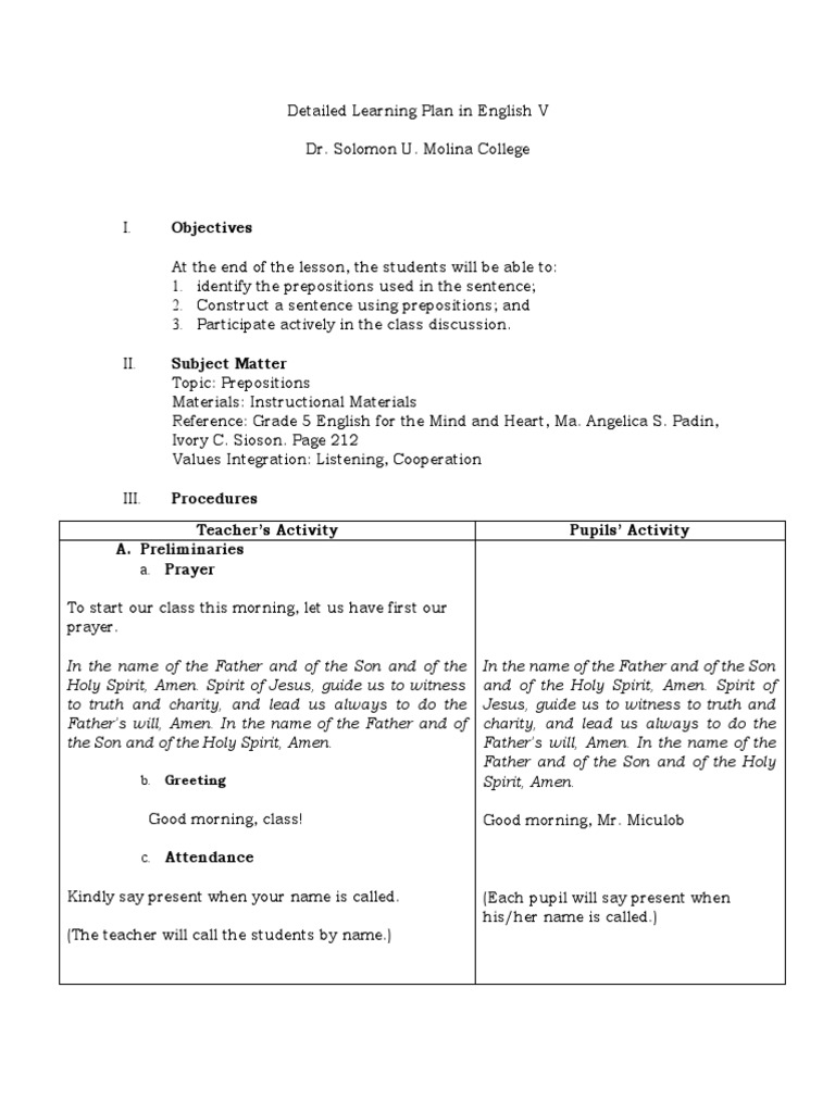 Prepositions Lesson Plan for English V | PDF | Preposition And ...