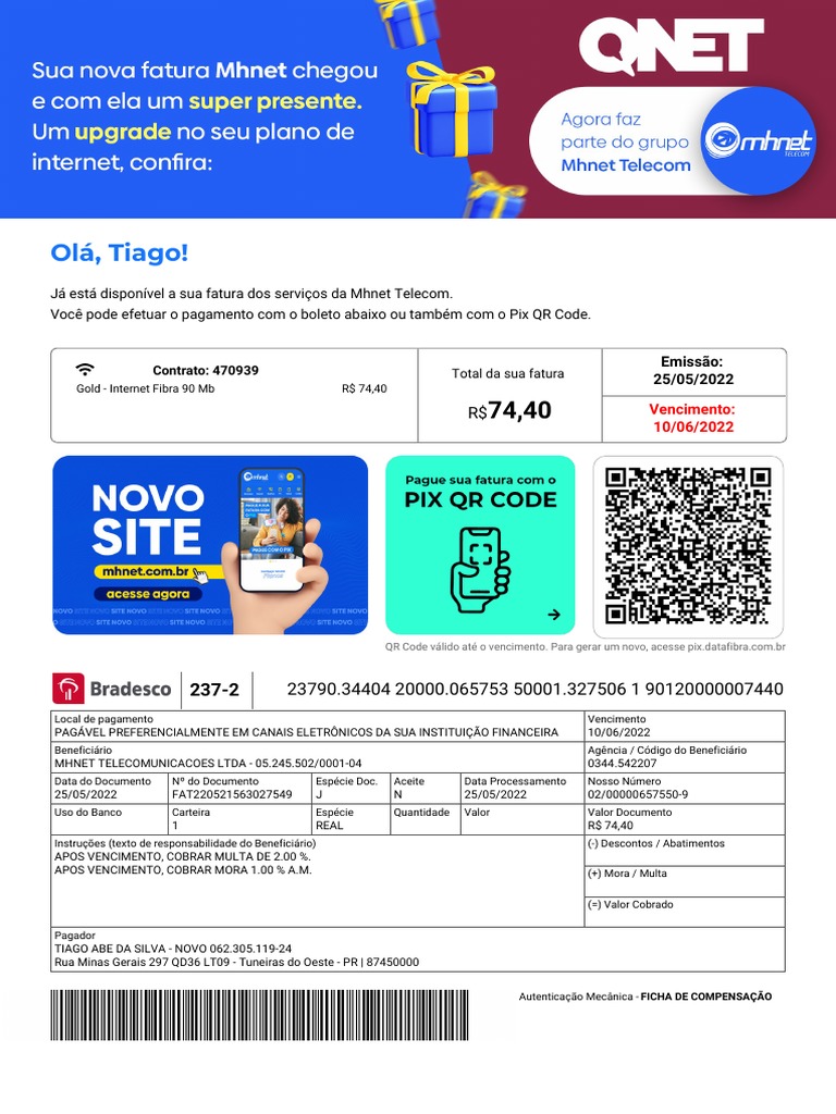 Fatura de serviços da Mhnet Telecom para o cliente Tiago Abe da Silva ...