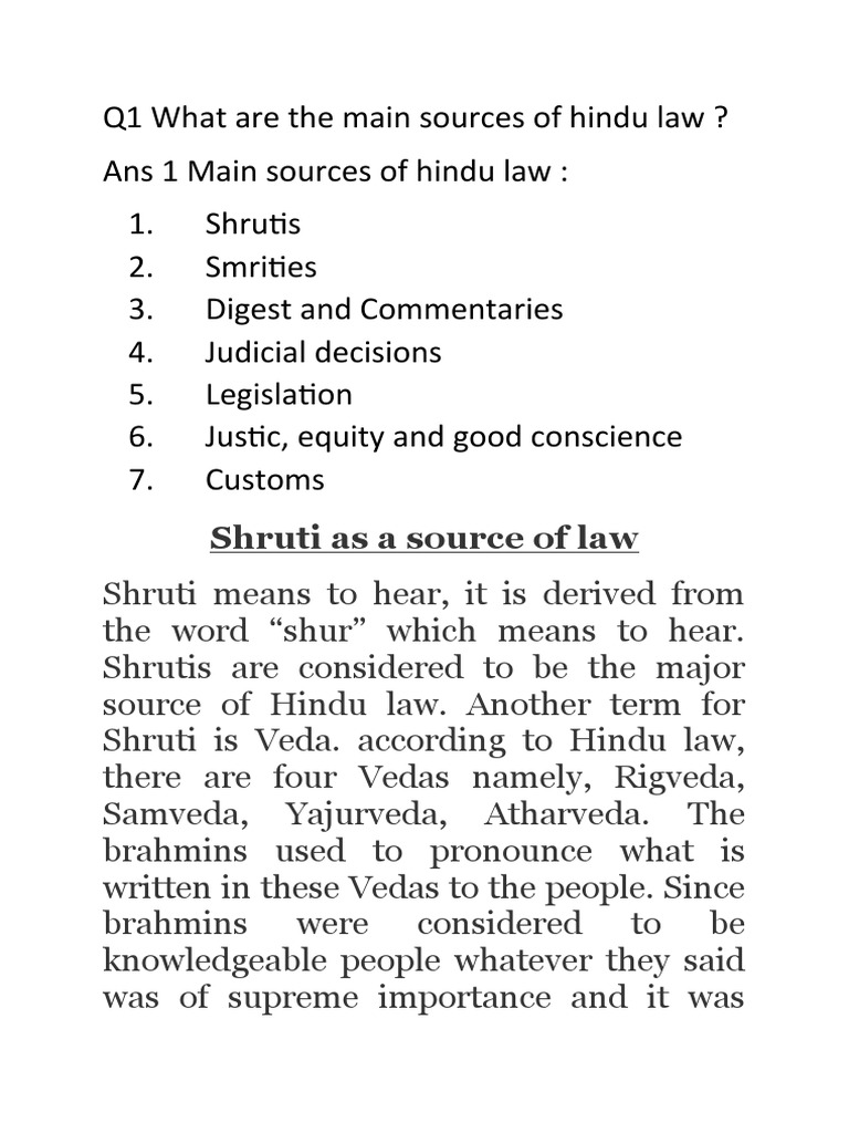Q1 What Are The Main Sources of Hindu Law | PDF | Precedent | Vedas