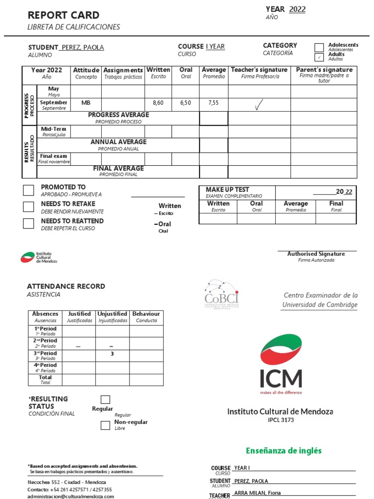 Report Card: Libreta de Calificaciones | PDF