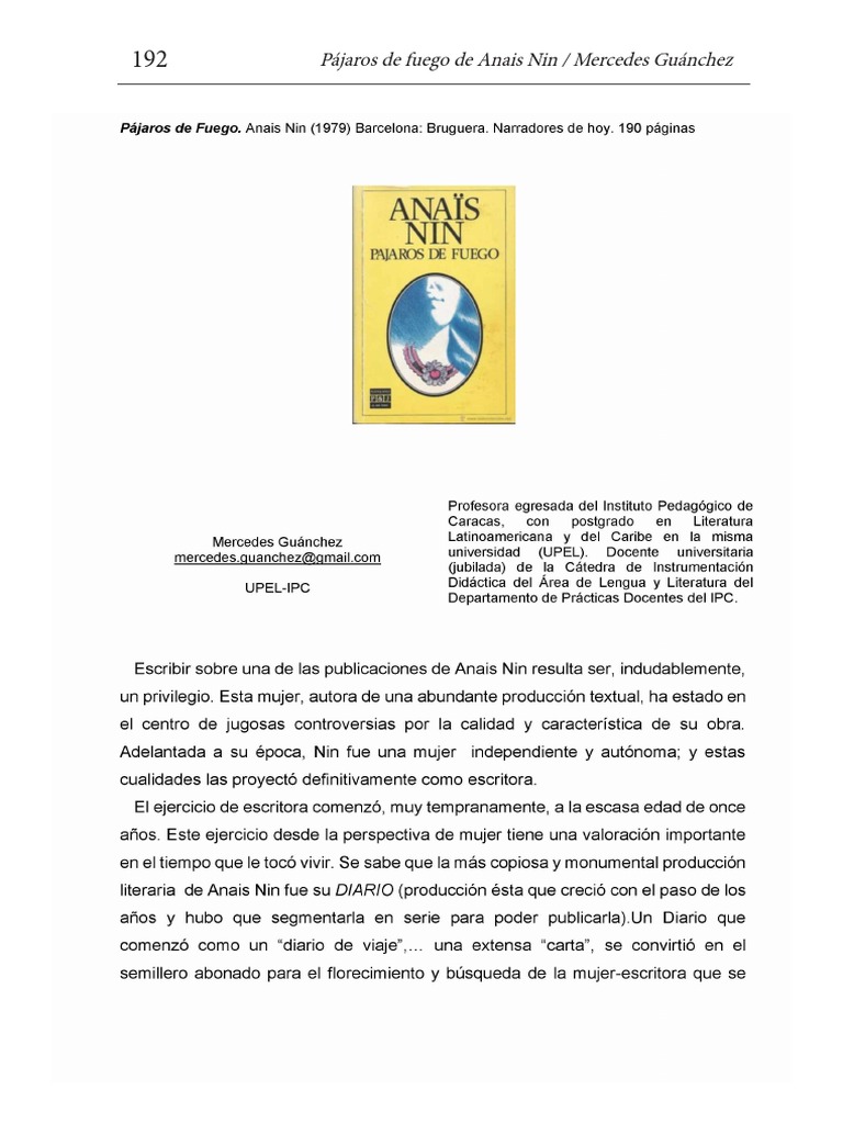 Anais NIN: Pájaros de Fuego de Anais Nin / Mercedes Guánchez | PDF