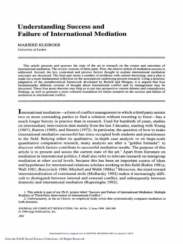 Kleiboer-Understanding Success and Failure of International Mediation-1996 PDF | PDF