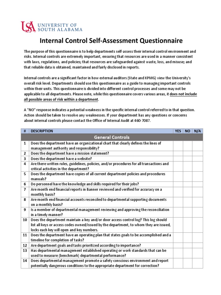 Internal Control Self Assessment Questionnaire Pdf Internal Control Audit