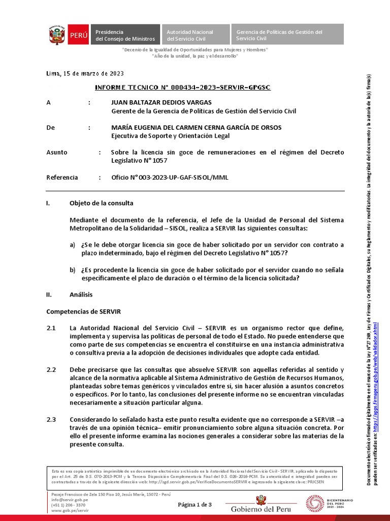 Informe Tecnico #0434-2023-Servir-Gpgsc - Licencia Sin Ngoce de ...