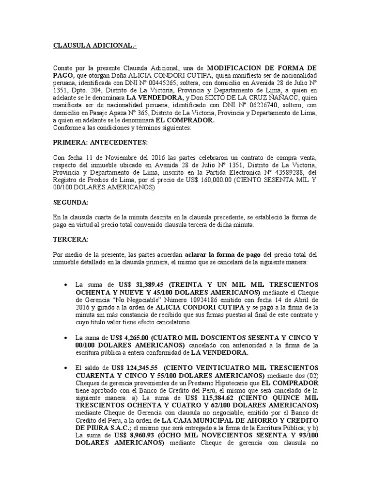 Clausula Adicional Forma de Pago | PDF | Cheque