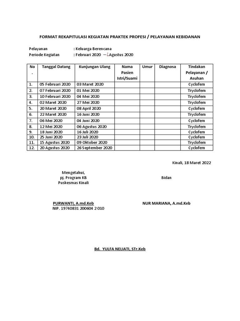 Format Rekapitulasi Kegiatan Praktek Profesi | PDF