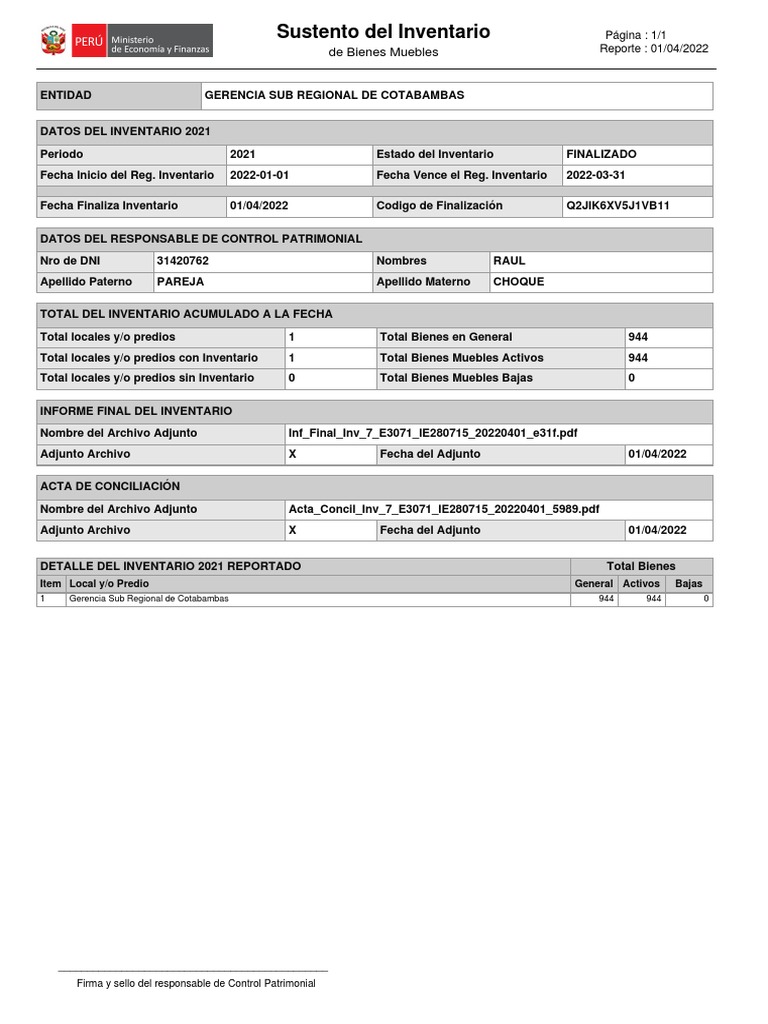 Reporte de Inventario Cotabambas 2021 | PDF