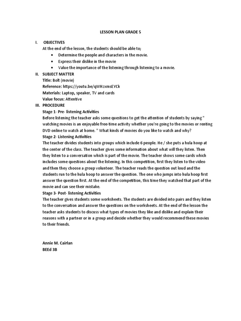 Cairlan, Annie M. LESSON PLAN GRADE 5 | PDF