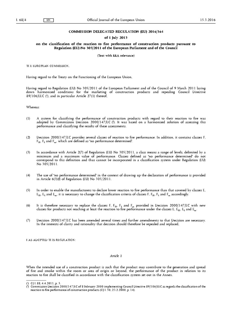Fire Performance Classification Regulation | PDF | European Economic ...