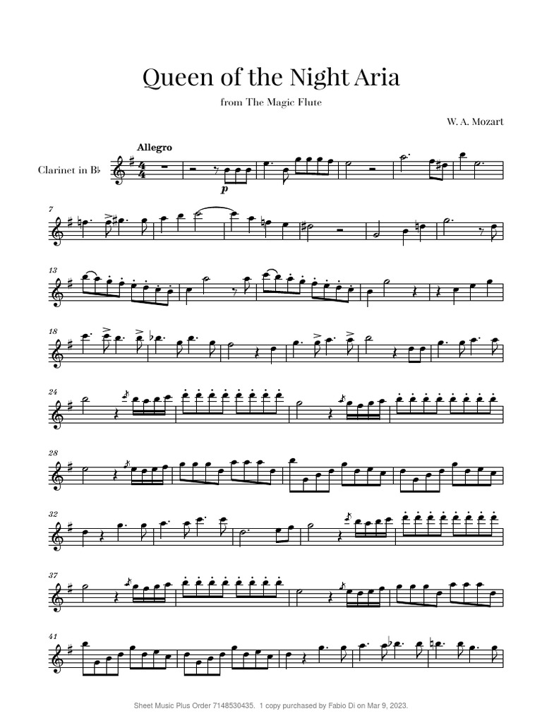 W A Mozart Queen of The Night Aria For Clarinet in BB | PDF