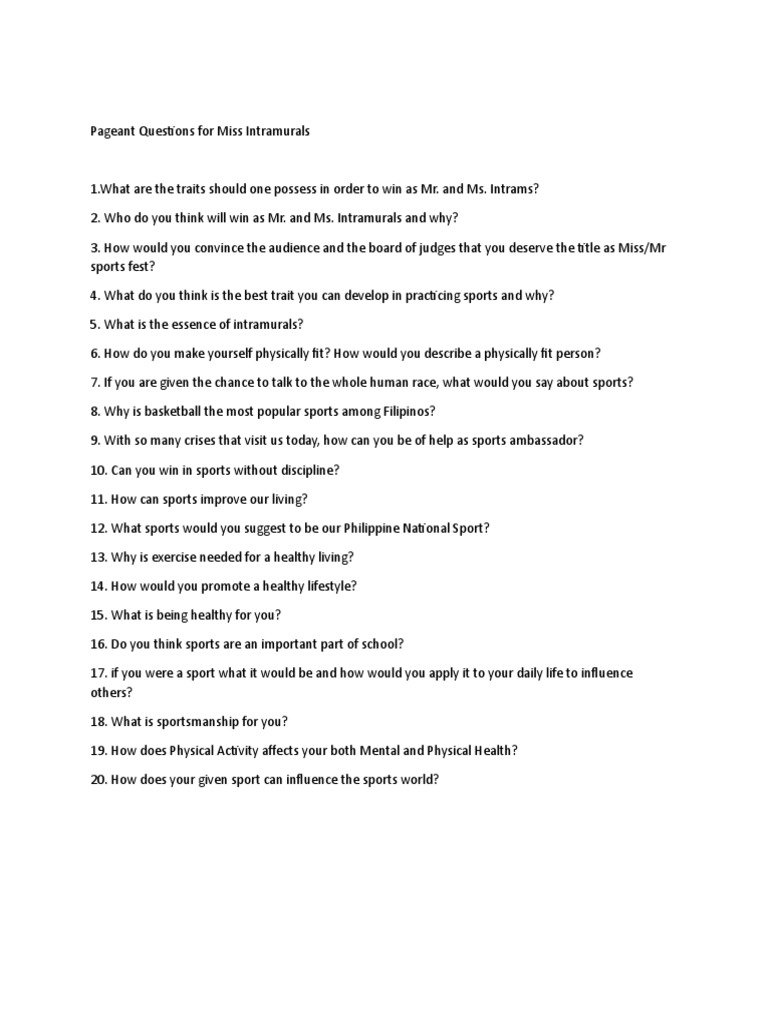 Pageant Questions For Miss Intramurals SJB | PDF