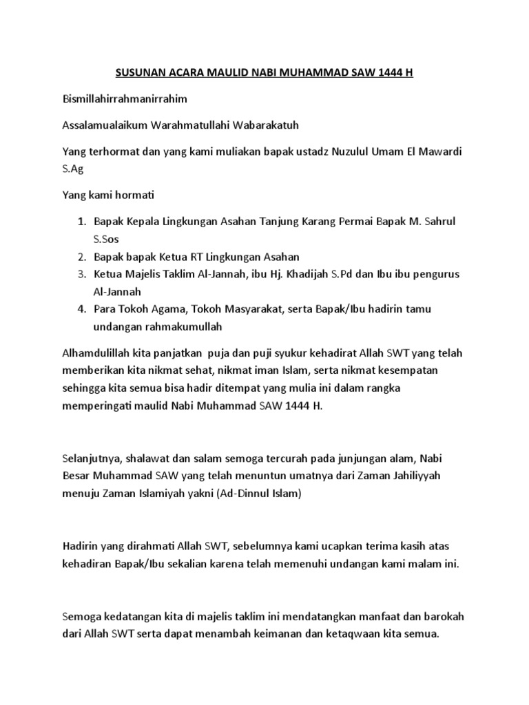 Susunan Acara Maulid Nabi Muhammad Saw 1444 H | PDF