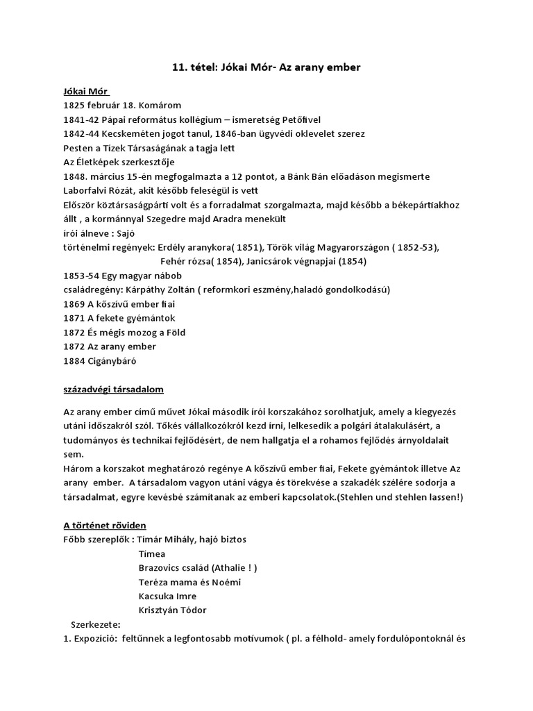 Tétel: Jókai Mór-Az Arany Ember | PDF