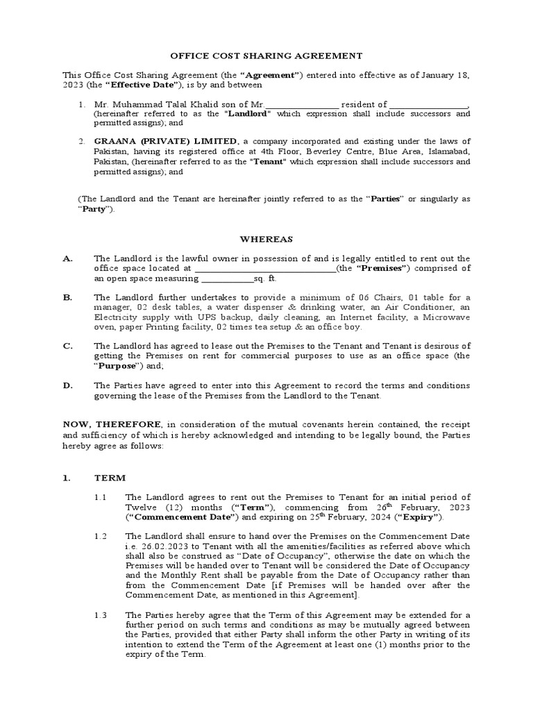 Office Cost Sharing Agreement Template | PDF | Leasehold Estate | Landlord