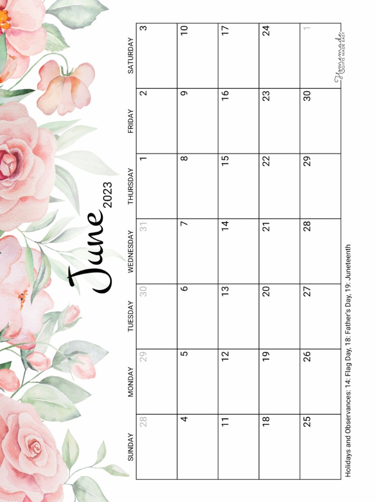June Calendar 2023 Printable Rose | PDF