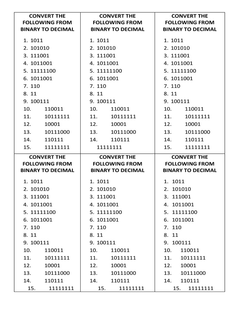 Binary To Decimal Quiz | PDF