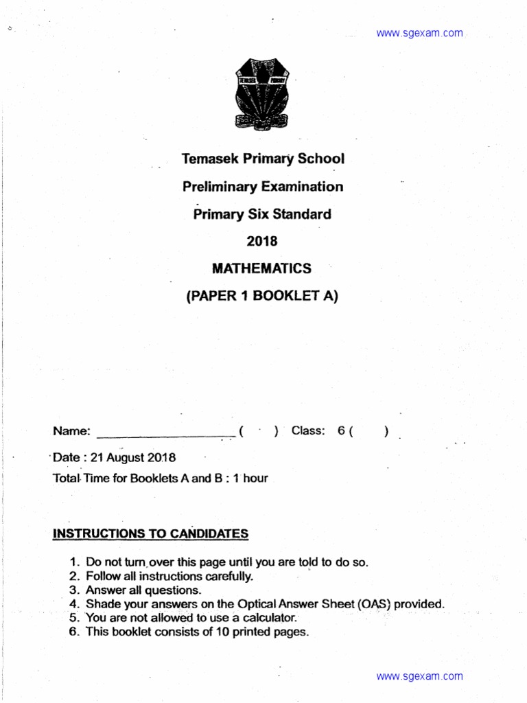 2018 P6 Maths SA2 Temasek PDF | PDF | Area | Elementary Mathematics