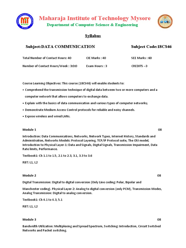 Data Communication: An Overview of the Syllabus for the Subject Code 18CS46 | PDF | Computer ...