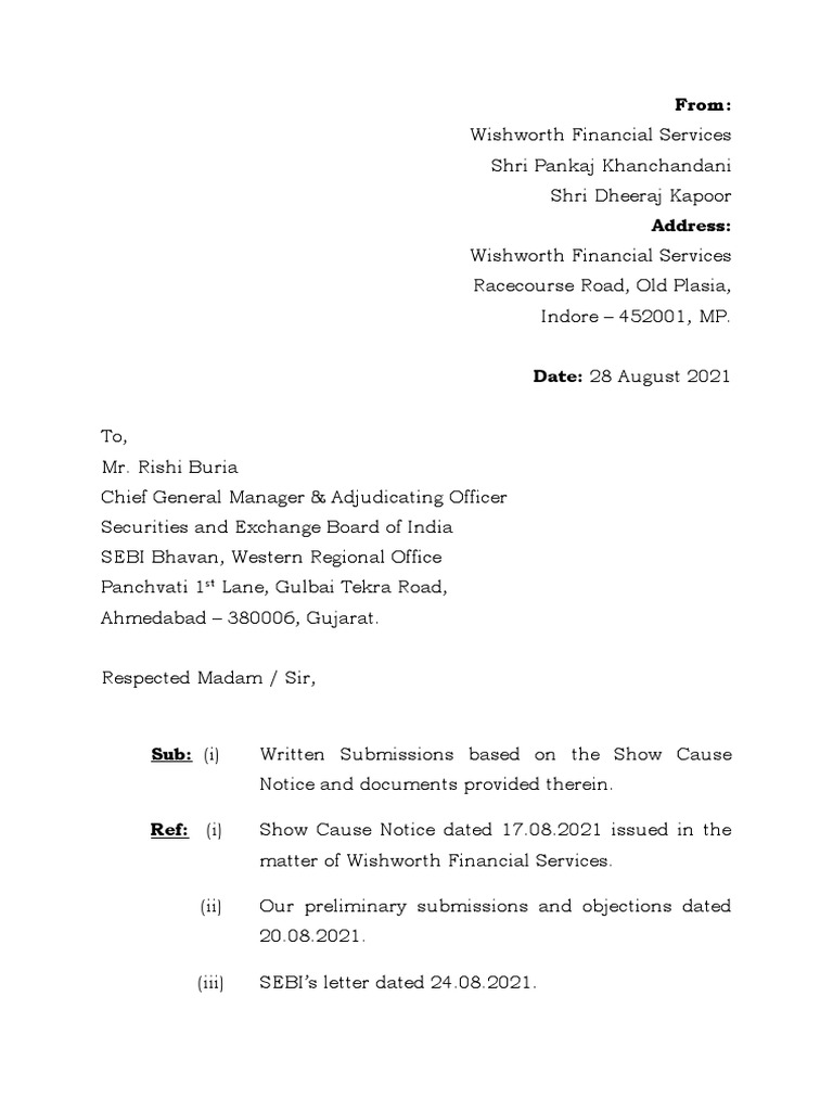 Reply To SCN (Wishworth) | PDF | Judgment (Law) | Financial Adviser