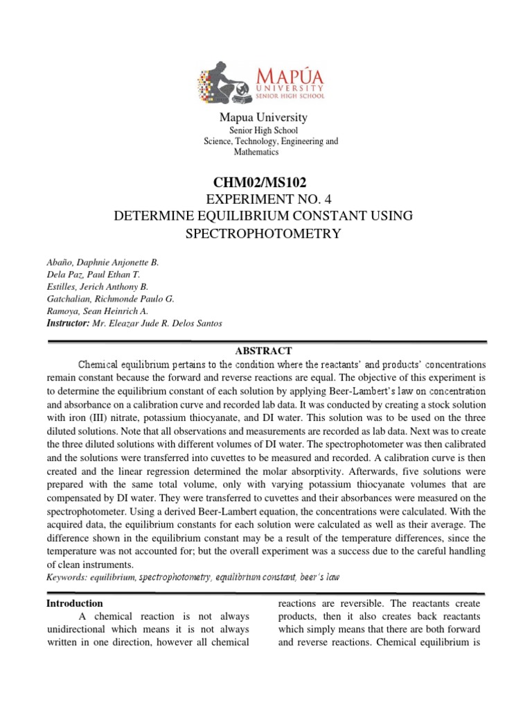 Lab Report - CHM02 - CO5.1 - Determine Equilibrium Constant Using Spectrophotometry - Grp2 | PDF ...
