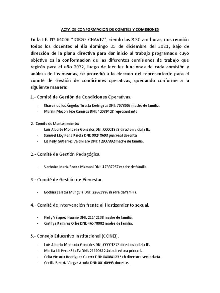 Acta De Conformacion De Comites Y Comisiones Pdf